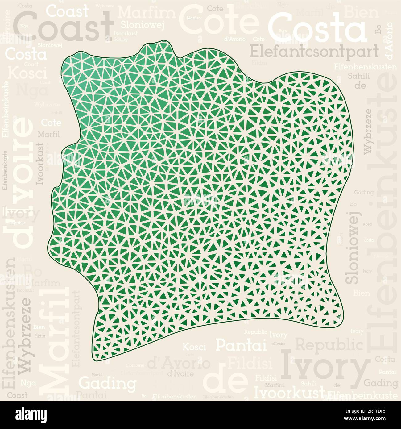 IVORY COAST map design. Country names in different languages and map ...
