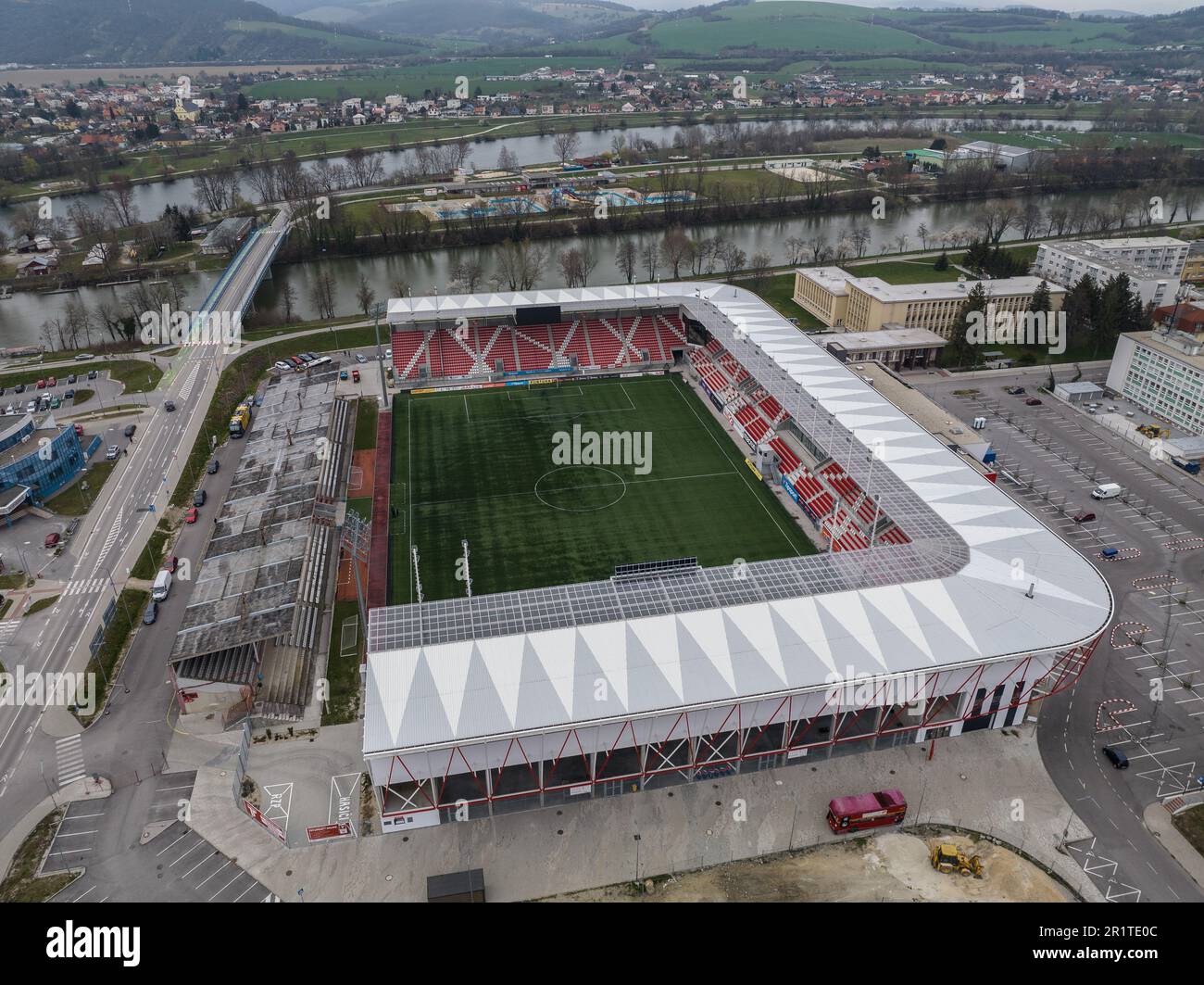 Aerial view of the football stadium in the city of Trencin in Slovakia ...