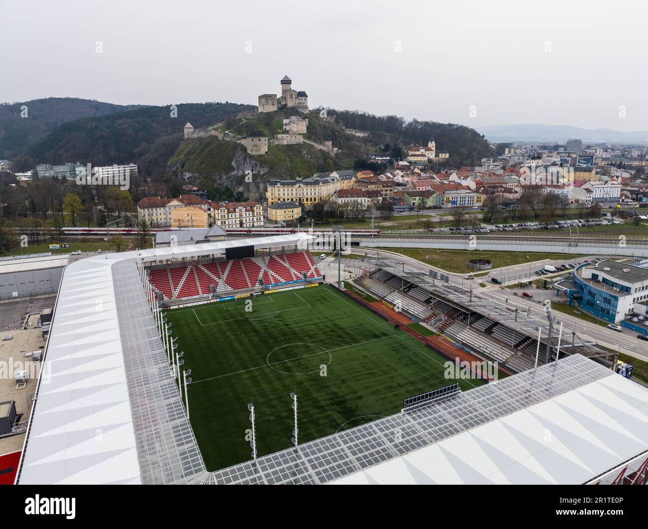 Aerial view of the football stadium in the city of Trencin in Slovakia ...