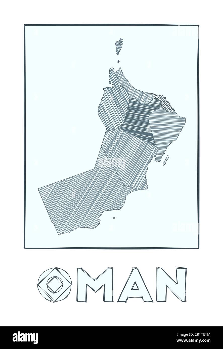 Sketch map of Oman. Grayscale hand drawn map of the country. Filled ...