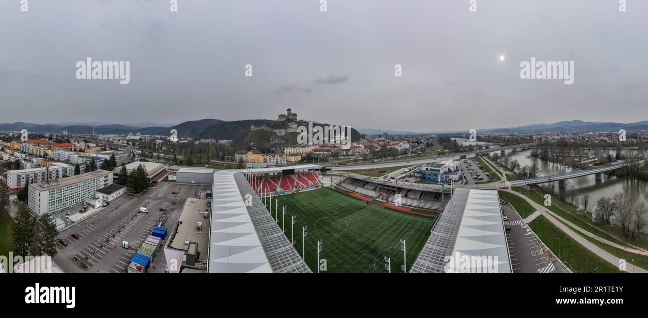 Aerial view of the football stadium in the city of Trencin in Slovakia ...