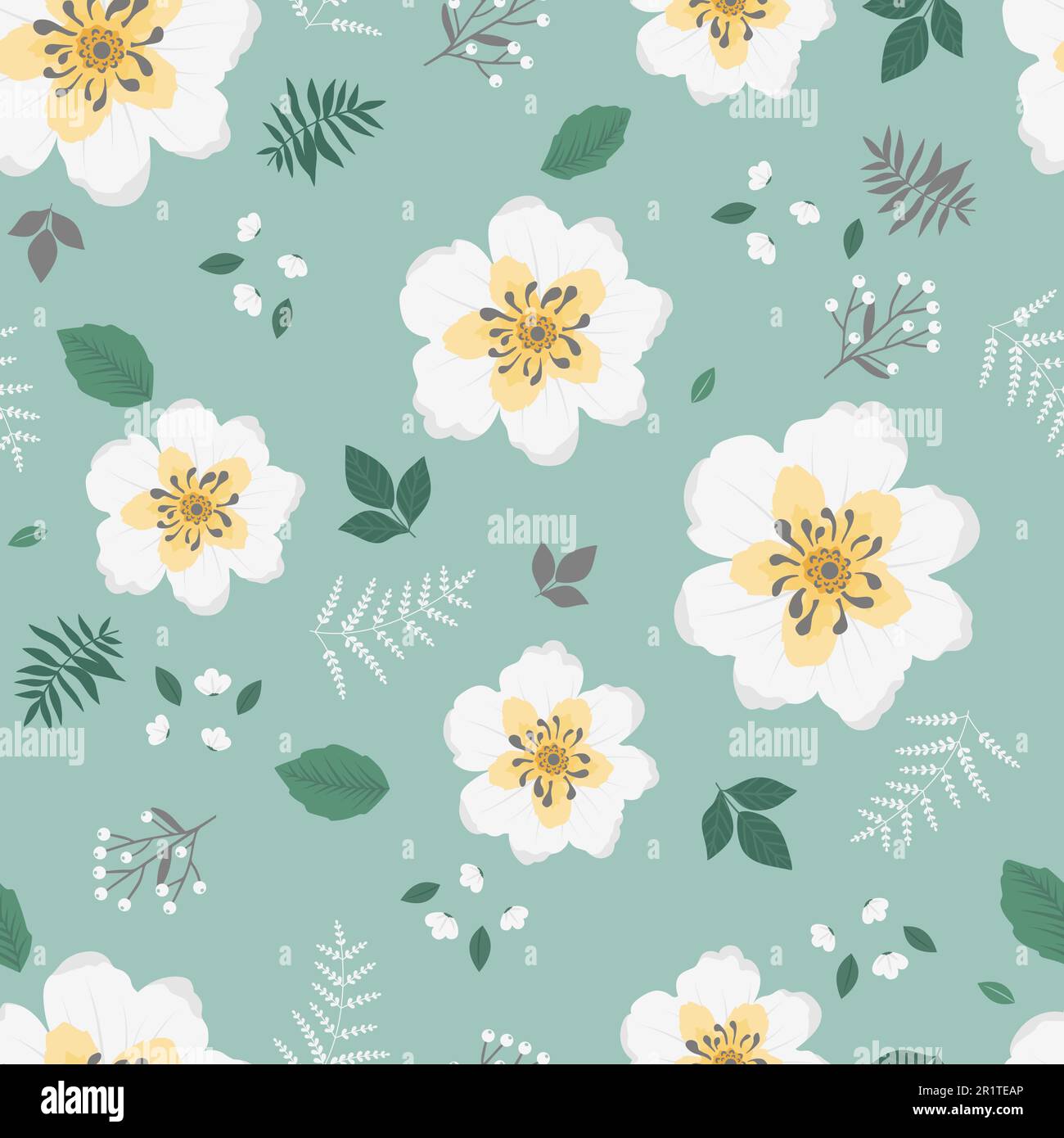 White flower pattern. Doodle spring background with floral elements ...
