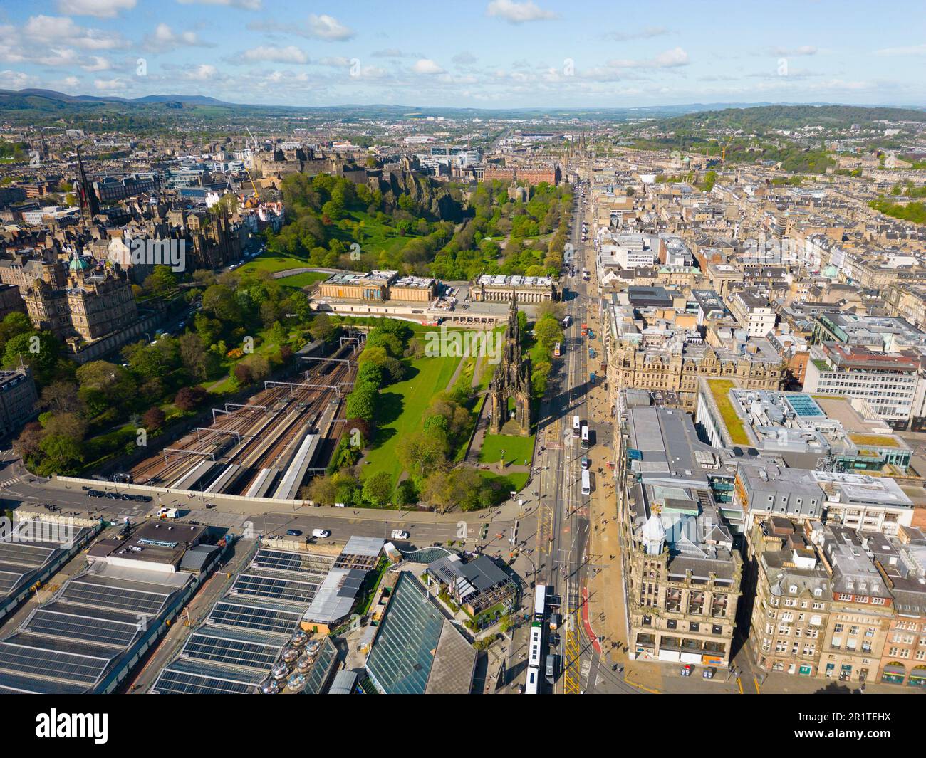 Aerial view from drone along Princes Street in Edinburgh city centre ...