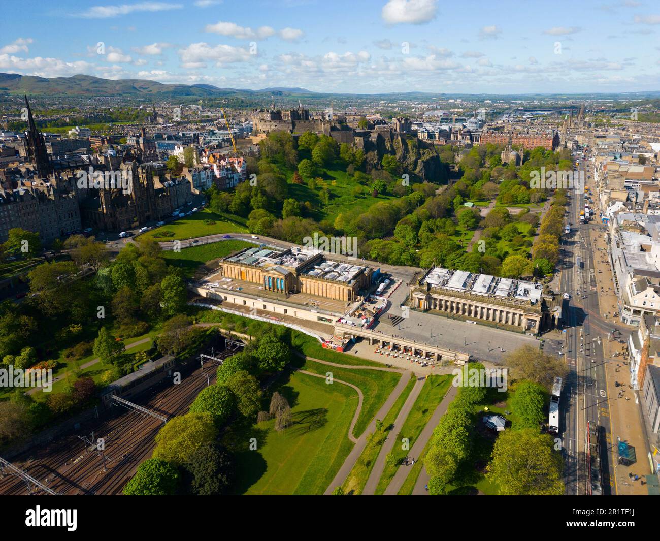 Aerial view from drone of Princes Street Gardens and Scottish National ...