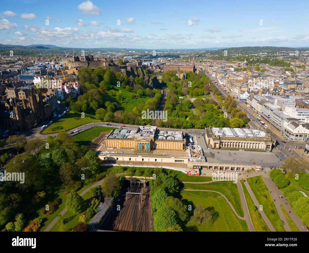 Aerial view from drone of Princes Street Gardens and Scottish National ...