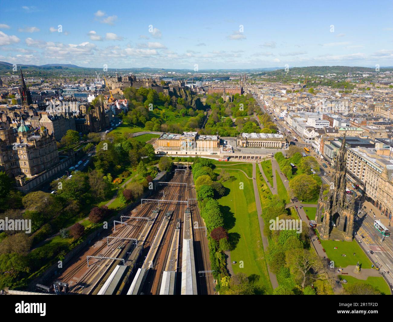 Aerial view from drone of Princes Street Gardens and Scottish National ...