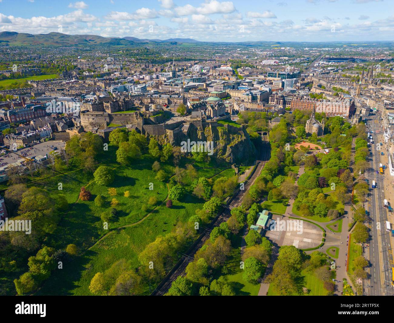 Aerial view from drone of West Princes Street Gardens and Edinburgh ...