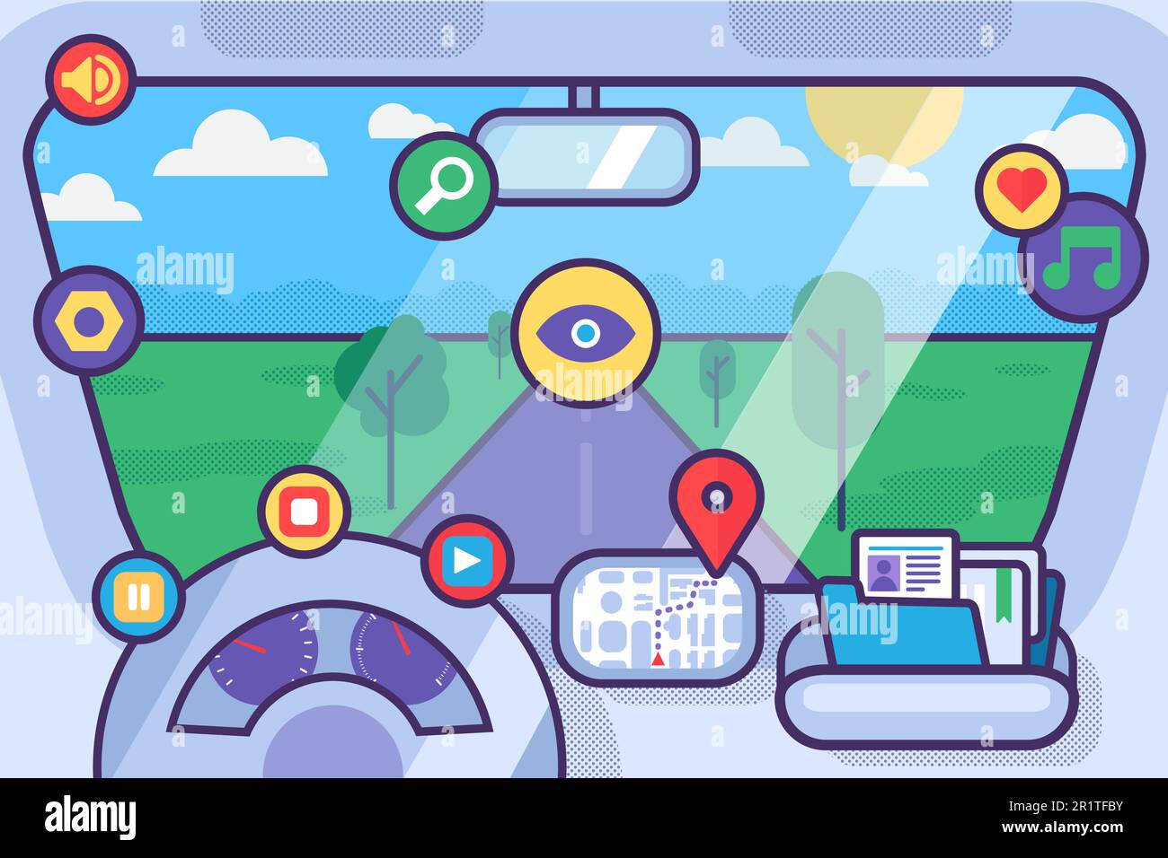 Inside car interior with wheel, speedometer, gps navigator. Vehicle ...