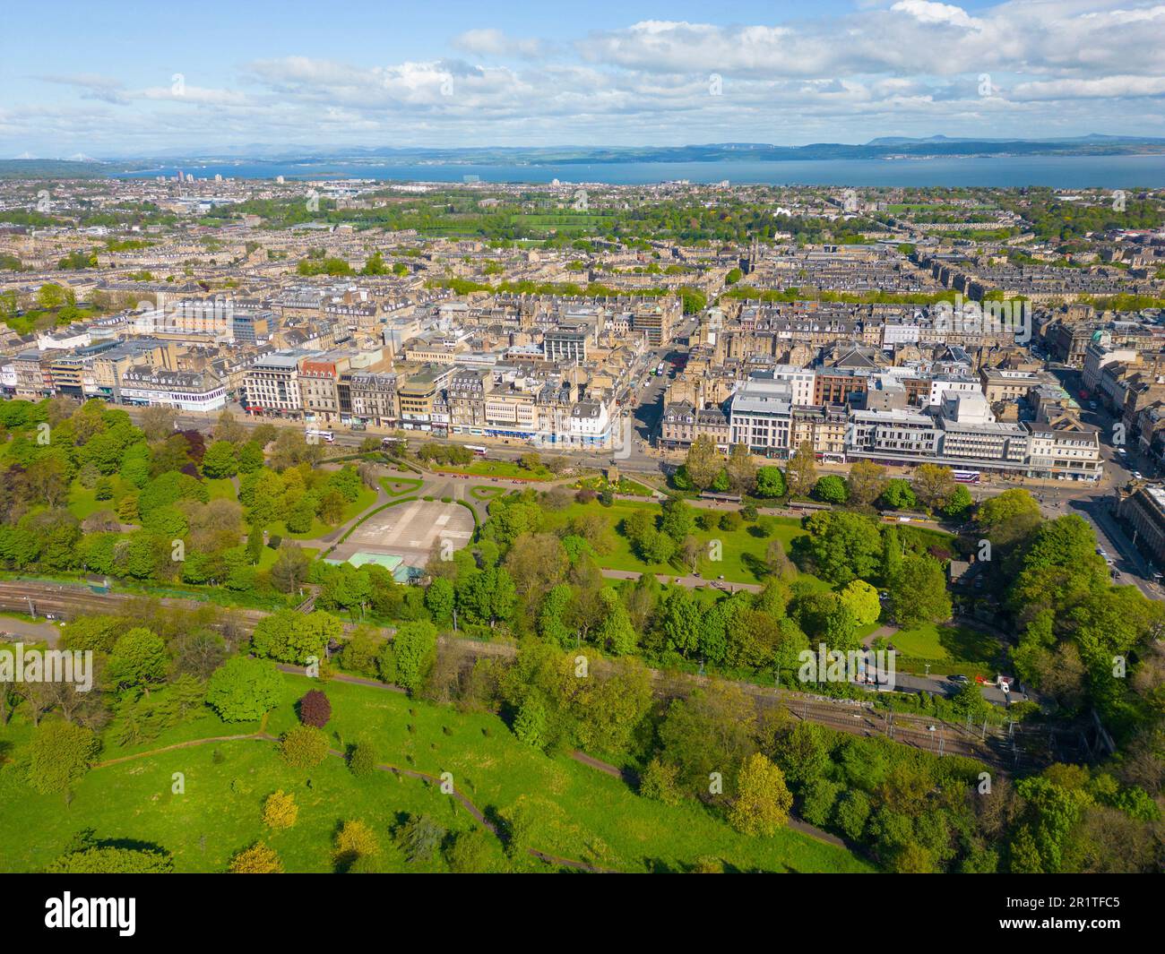 Aerial view from drone of Princes Street Gardens and Edinburgh city ...