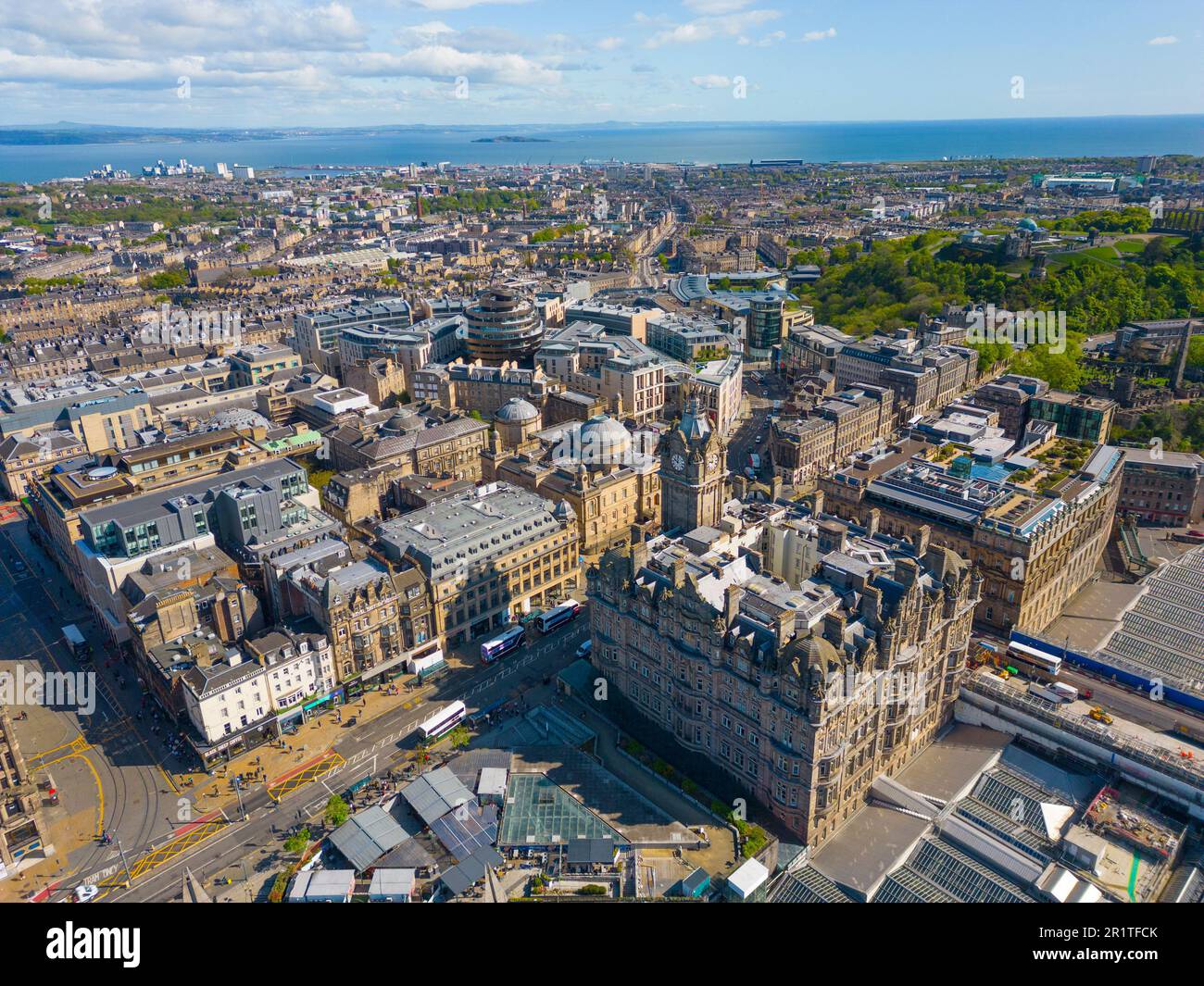 Aerial view from drone of Balmoral Hotel and Edinburgh city centre ...