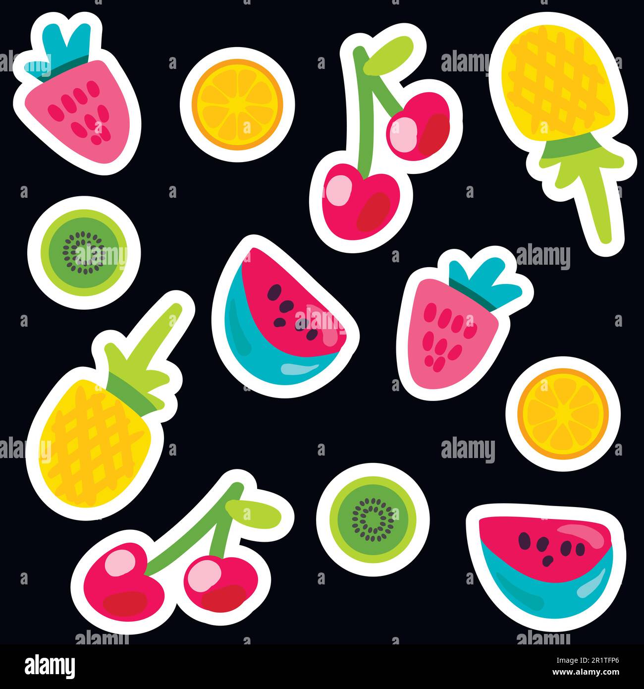 Fruits doodle color stickers set. Pineapple, watermelon, kiwi, orange ...