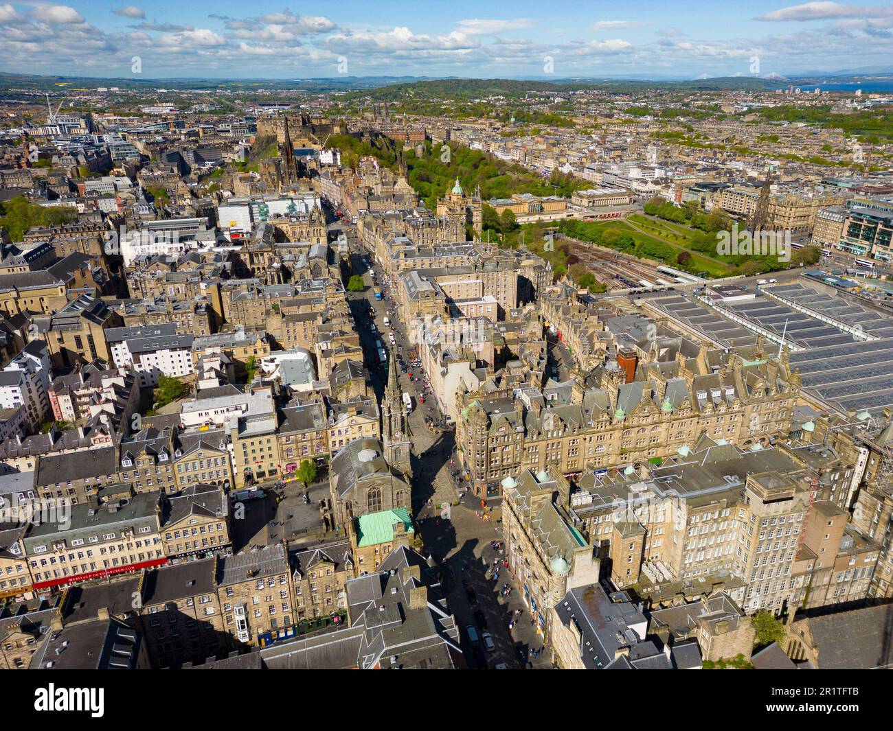 Aerial view from drone along the Royal Mile in Edinburgh Old Town ...