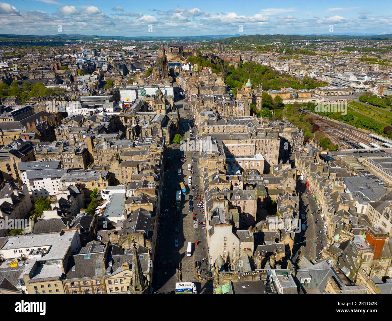 Aerial view from drone along the Royal Mile in Edinburgh Old Town ...