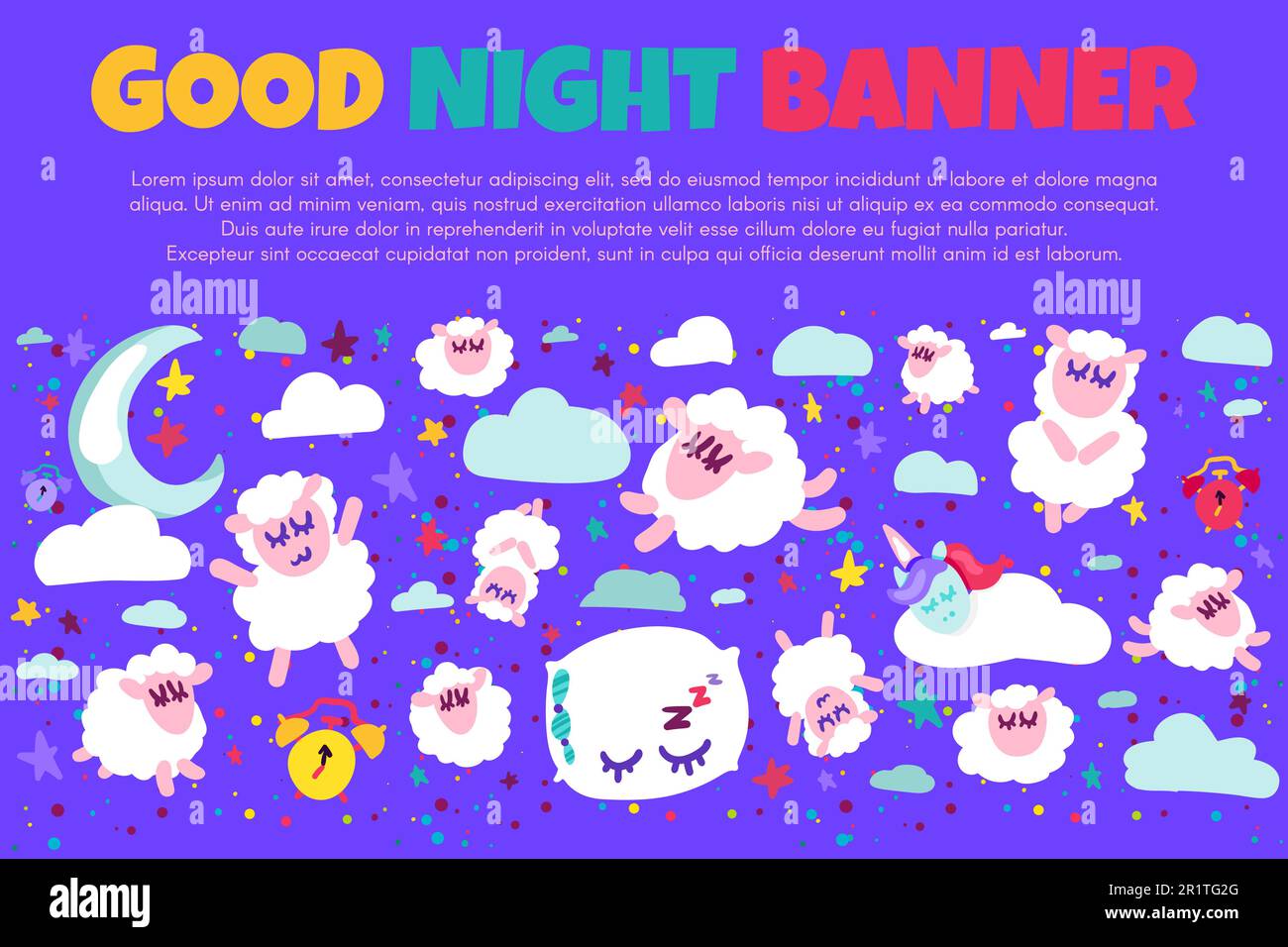 Good night banner with flat sheep. Bed time positive illustration ...