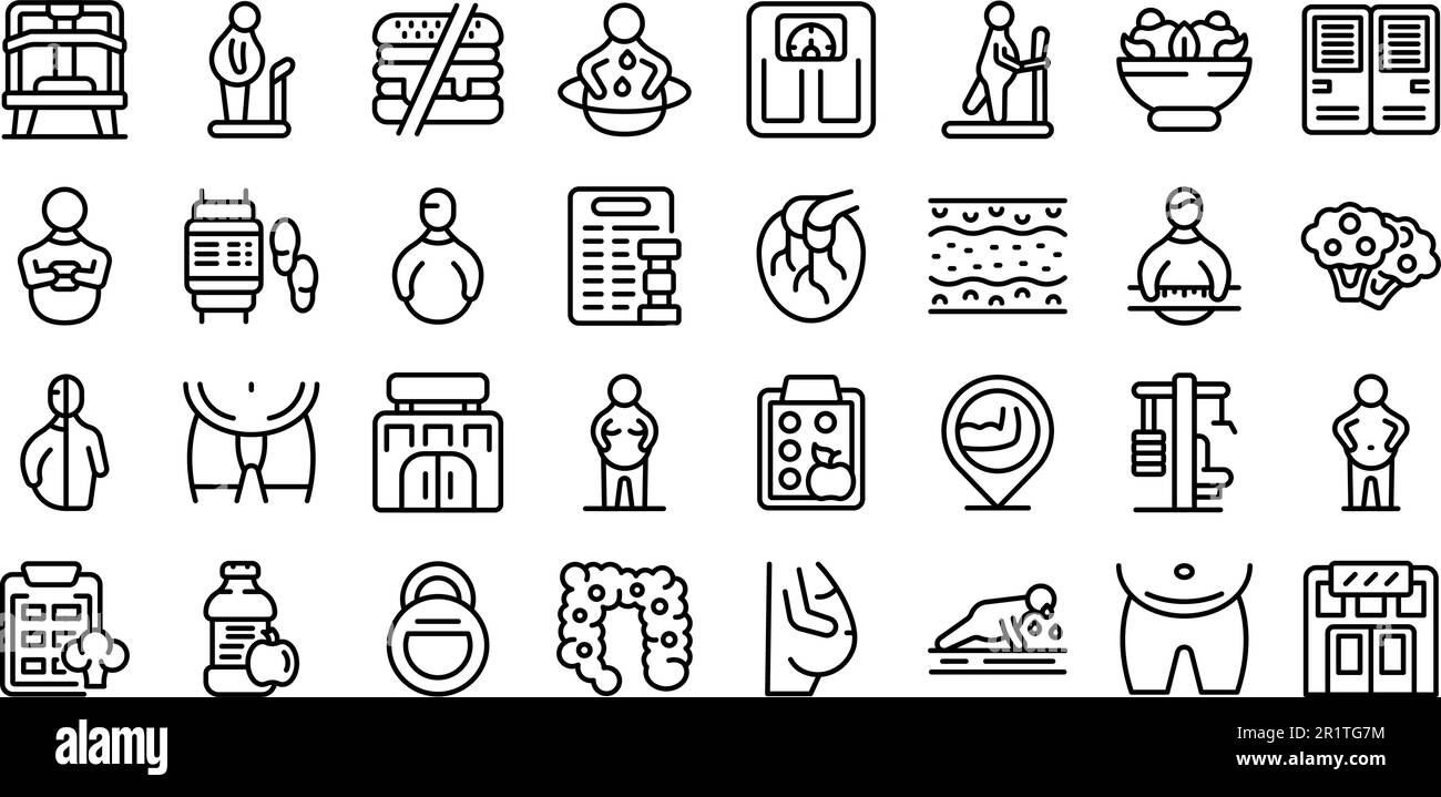 Fat Man In The Gym Icons Set Outline Vector Obese Diet Sport Loss