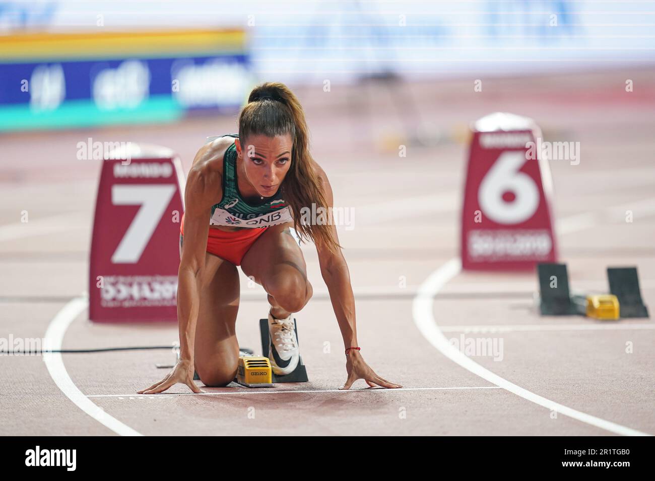 Ivet Lalova-Collio running the 200m at the 2019 World Athletics ...