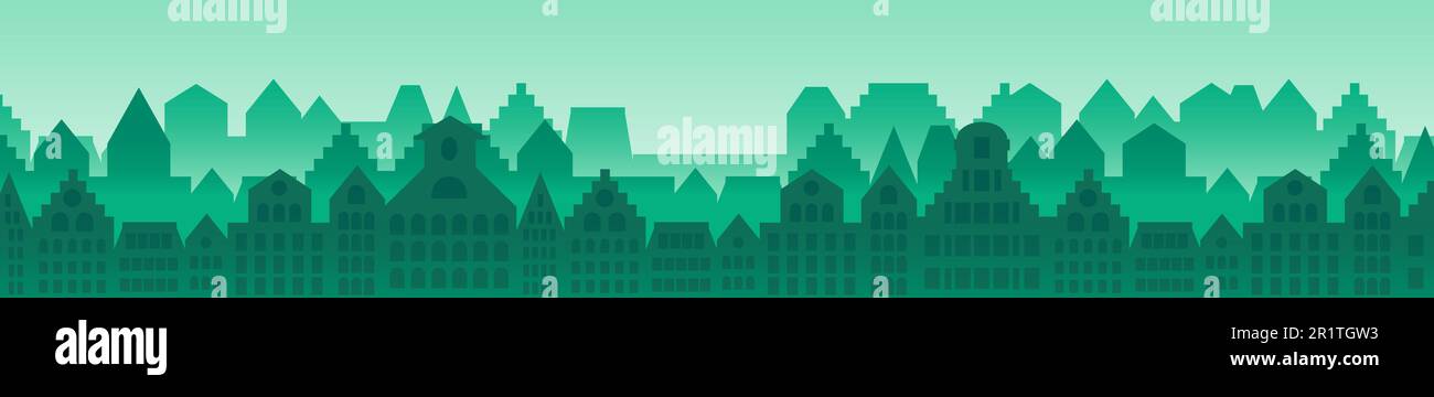 City skyline flat vector illustration. Green urban landscape ...