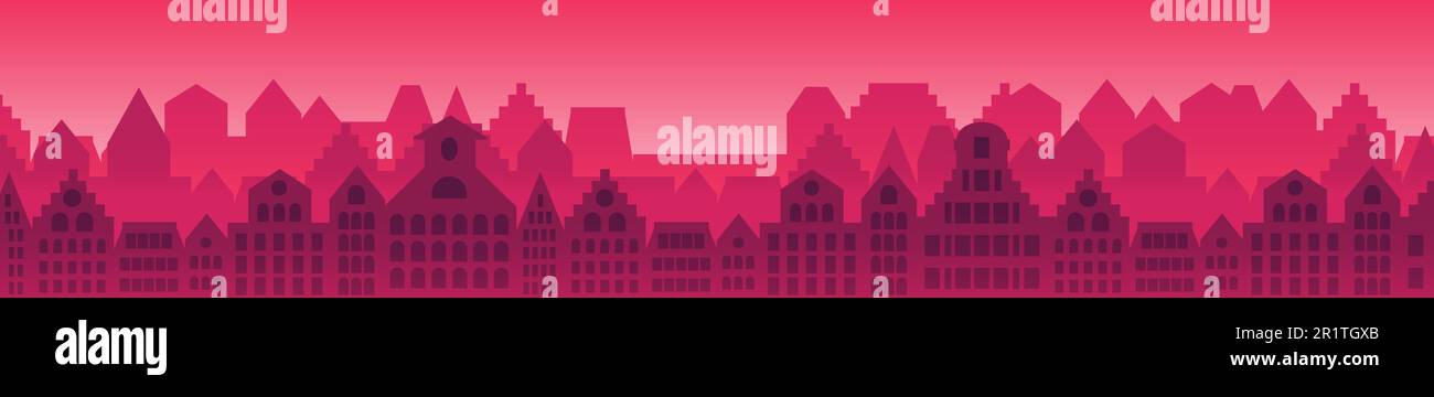 Urban architecture flat vector illustration. Pink cityscape, old town ...
