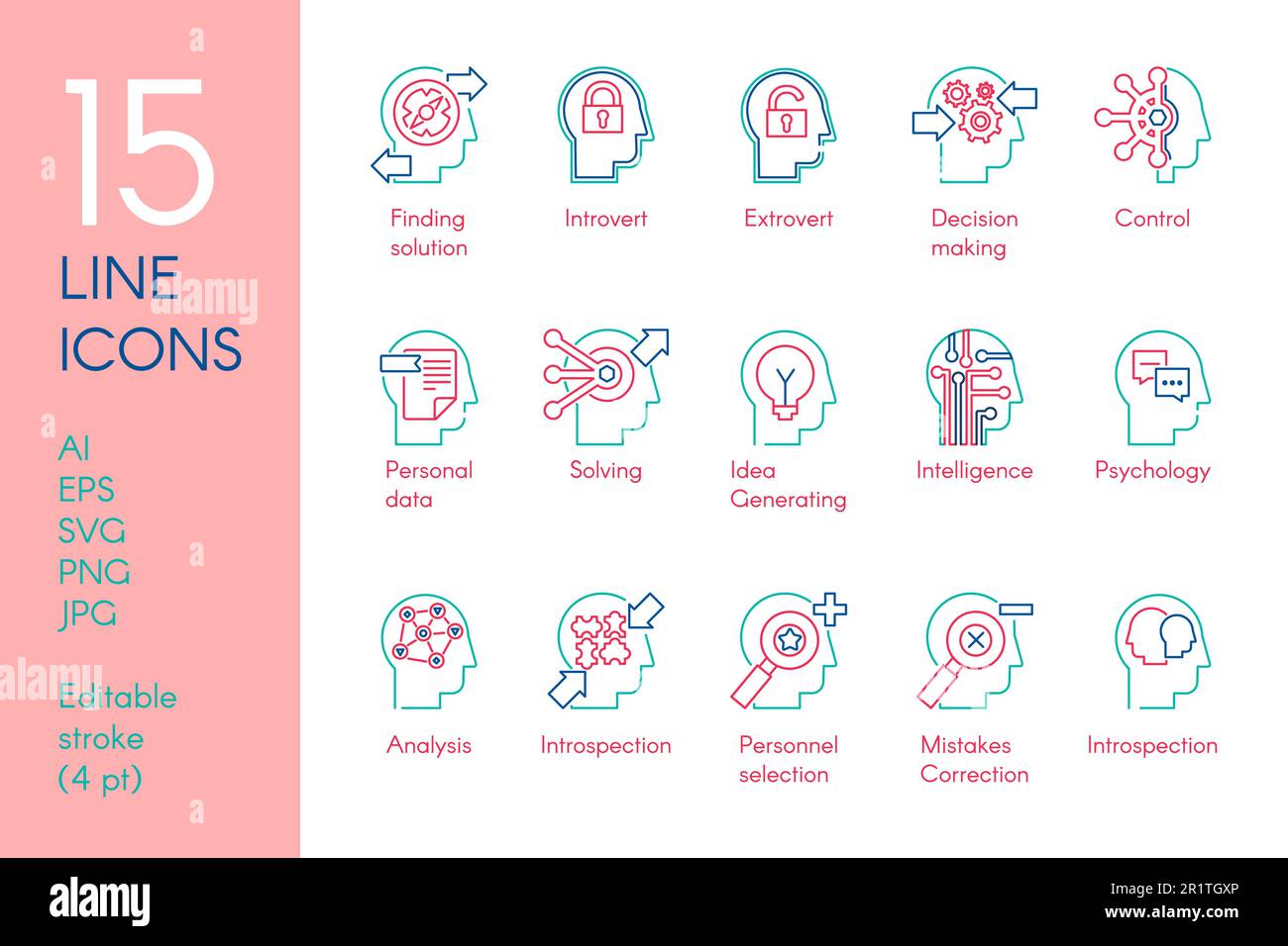 Mental activity color linear icons set. Analytical thinking blue and ...