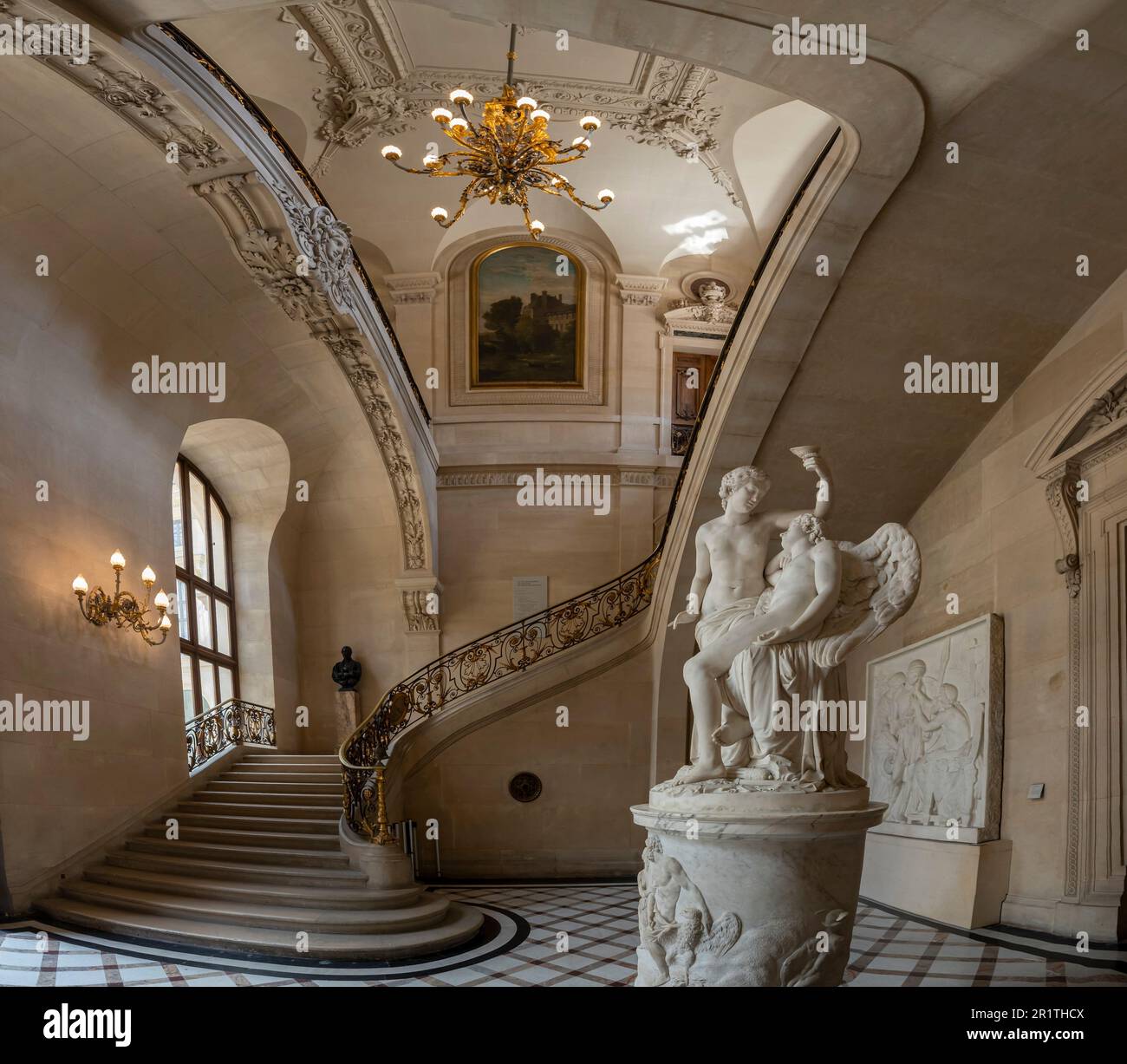Paris, France - 05 13 2023: Louvre museum. View of a stone staircase ...