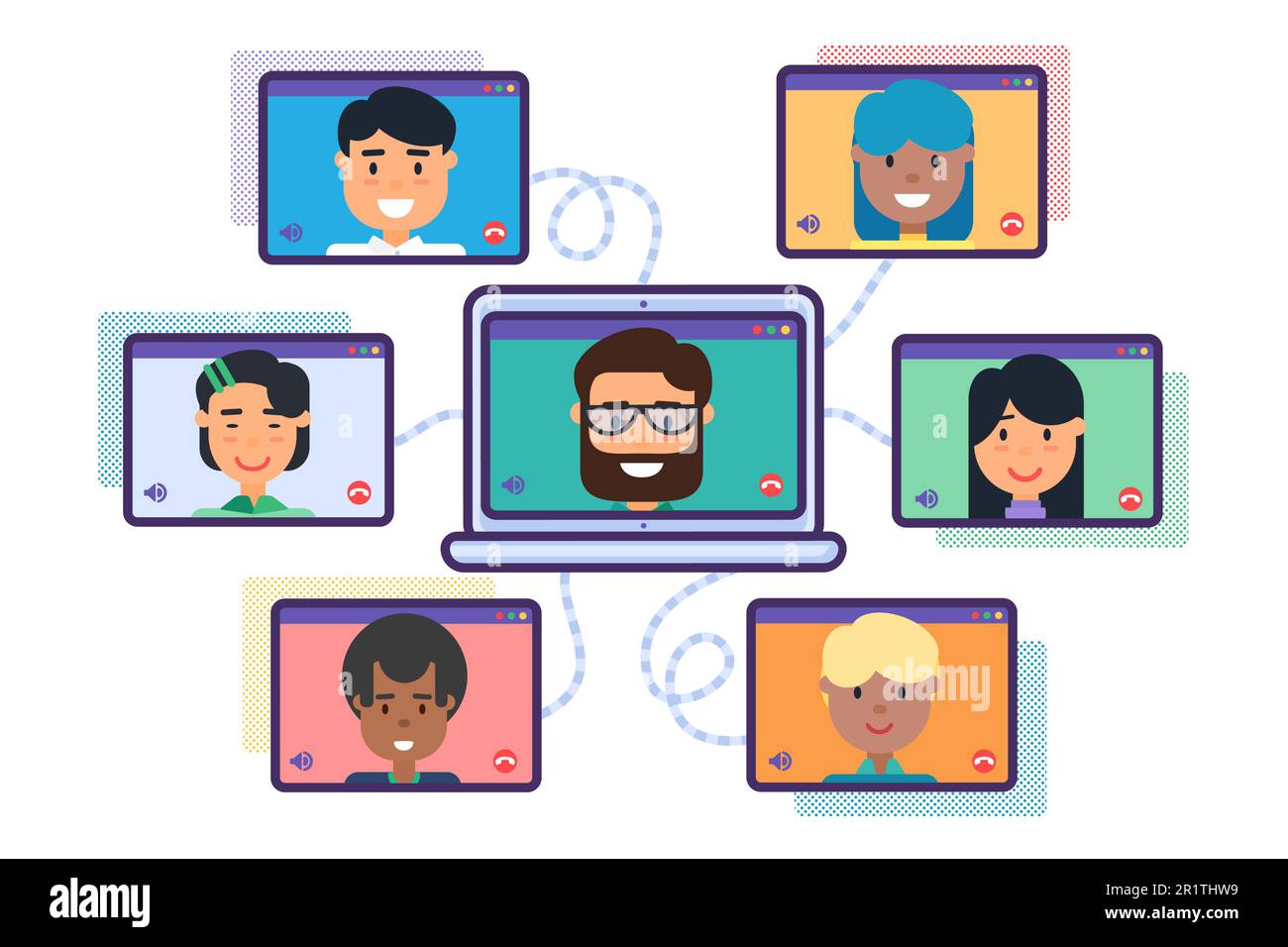 Video Conference Concept. Mix Race Team Online Meeting Making Video ...