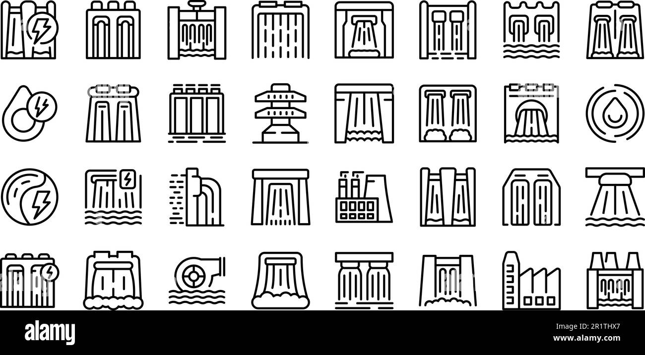 Hydro power station dam icons set outline vector. Water plant. Electric ...