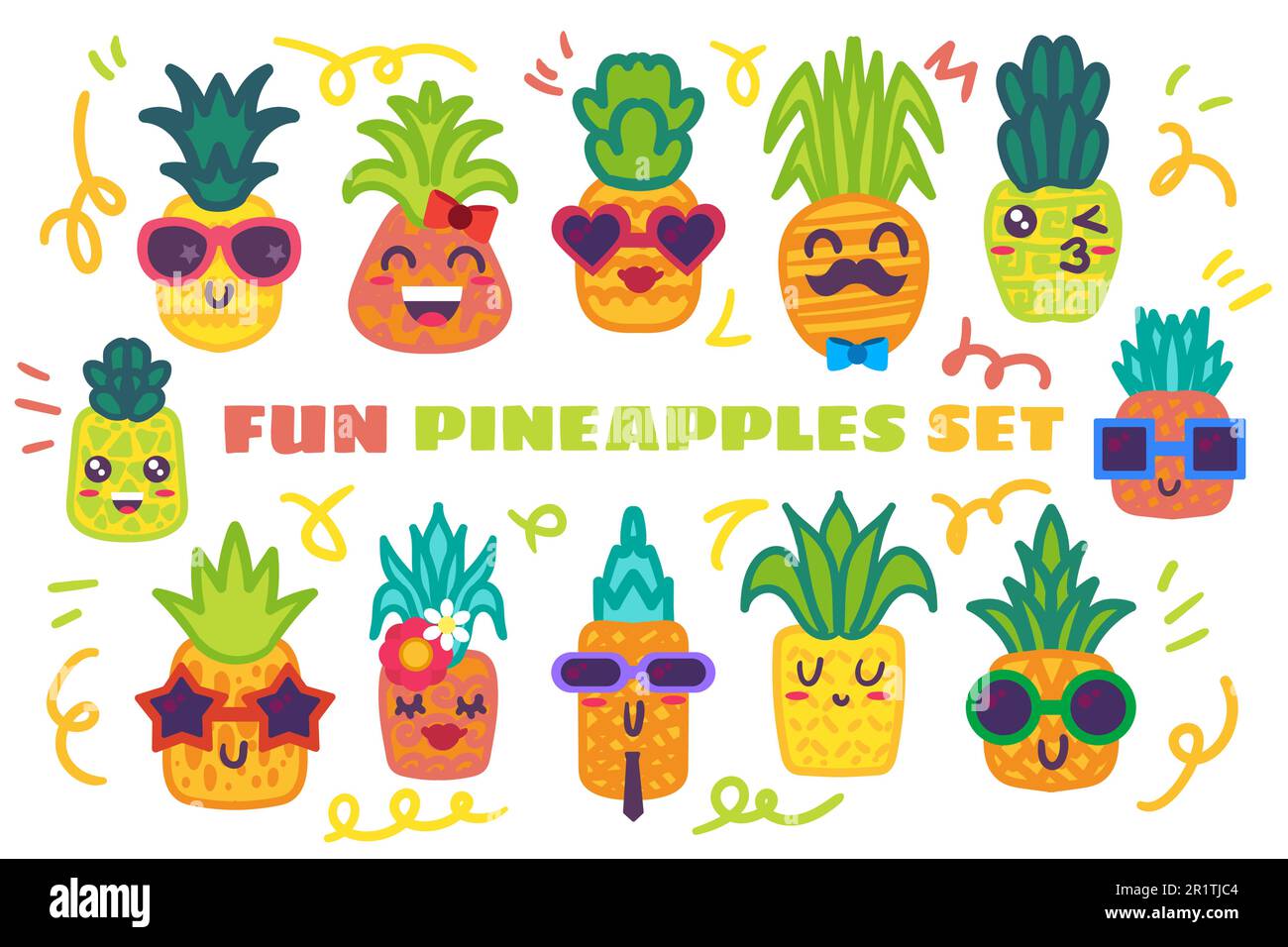 Funny pineapple hand drawn stickers set. Cute tropical fruits with ...