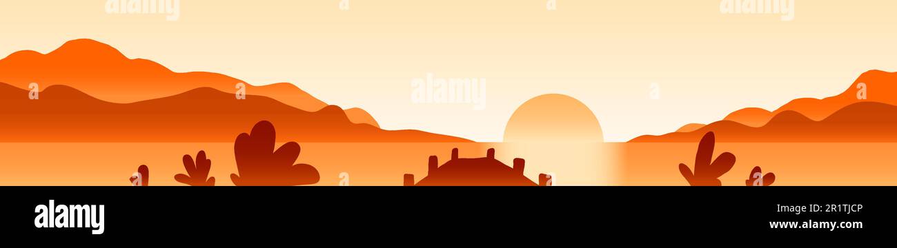 Sunrise landscape flat vector illustration. Beautiful dawn scenery ...