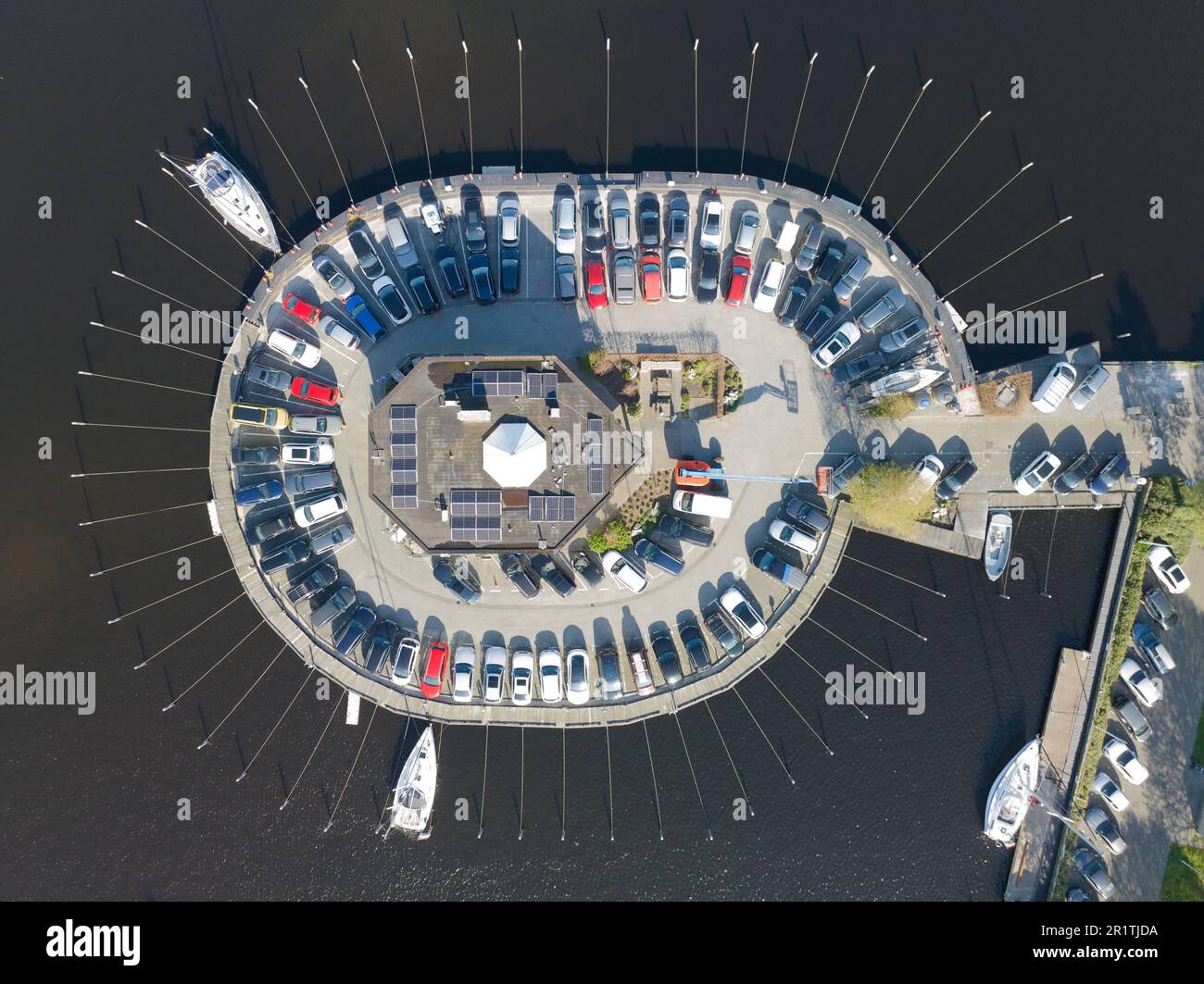 Aerial drone photo of Boat dock in the netherlands, circular shaped and ...