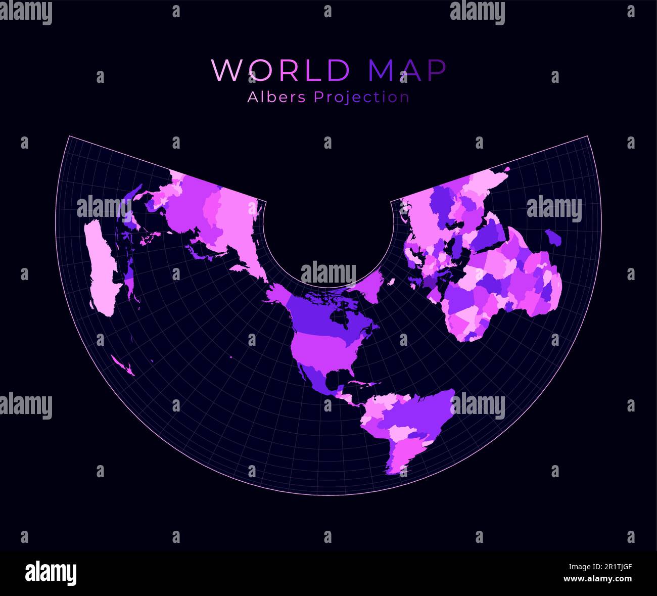 World Map. Albers equal-area conic projection. Digital world illustration. Bright pink neon ...