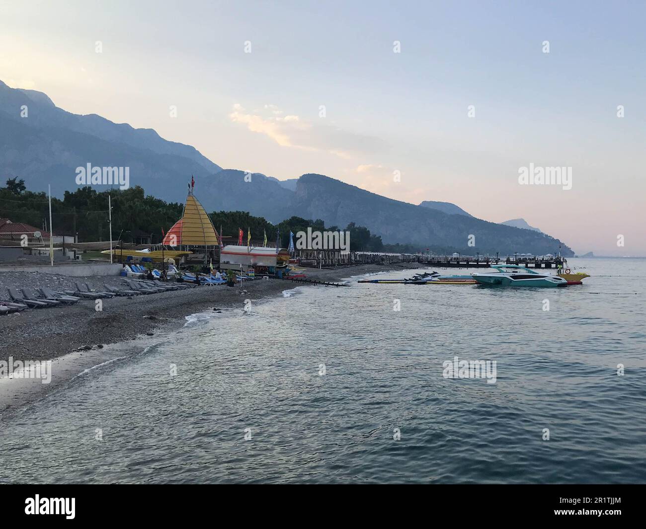 Beautiful wooden pontoon on the sea for diving, sunbathing and swimming ...