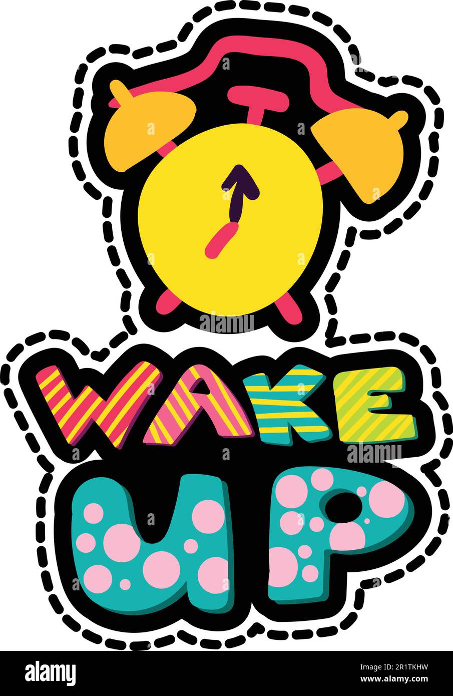 Wake up dash line sticker. Morning flat patch. Stitched frame alarm ...