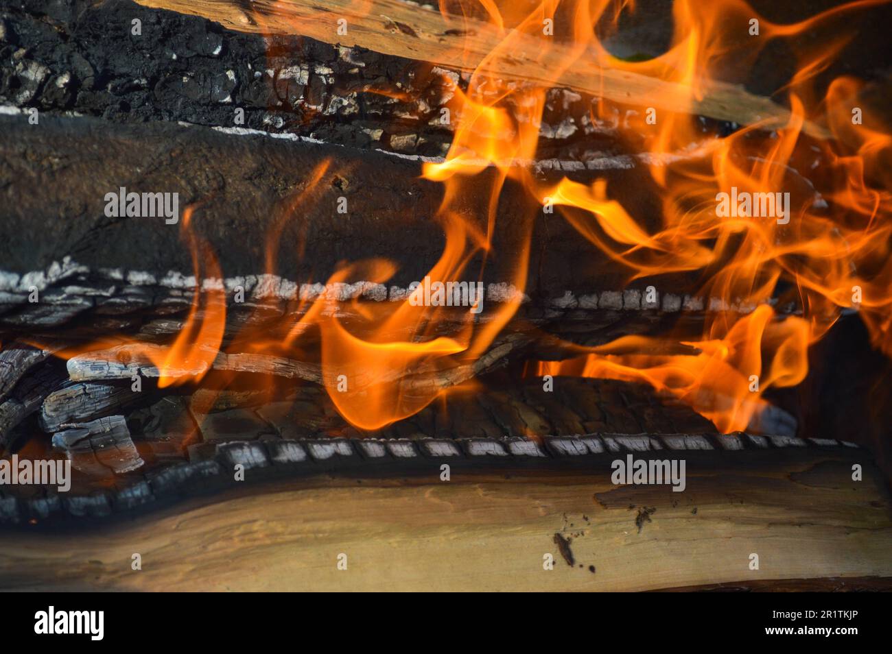 Wooden burning hot charred planks of wood logs in a fire with tongues ...