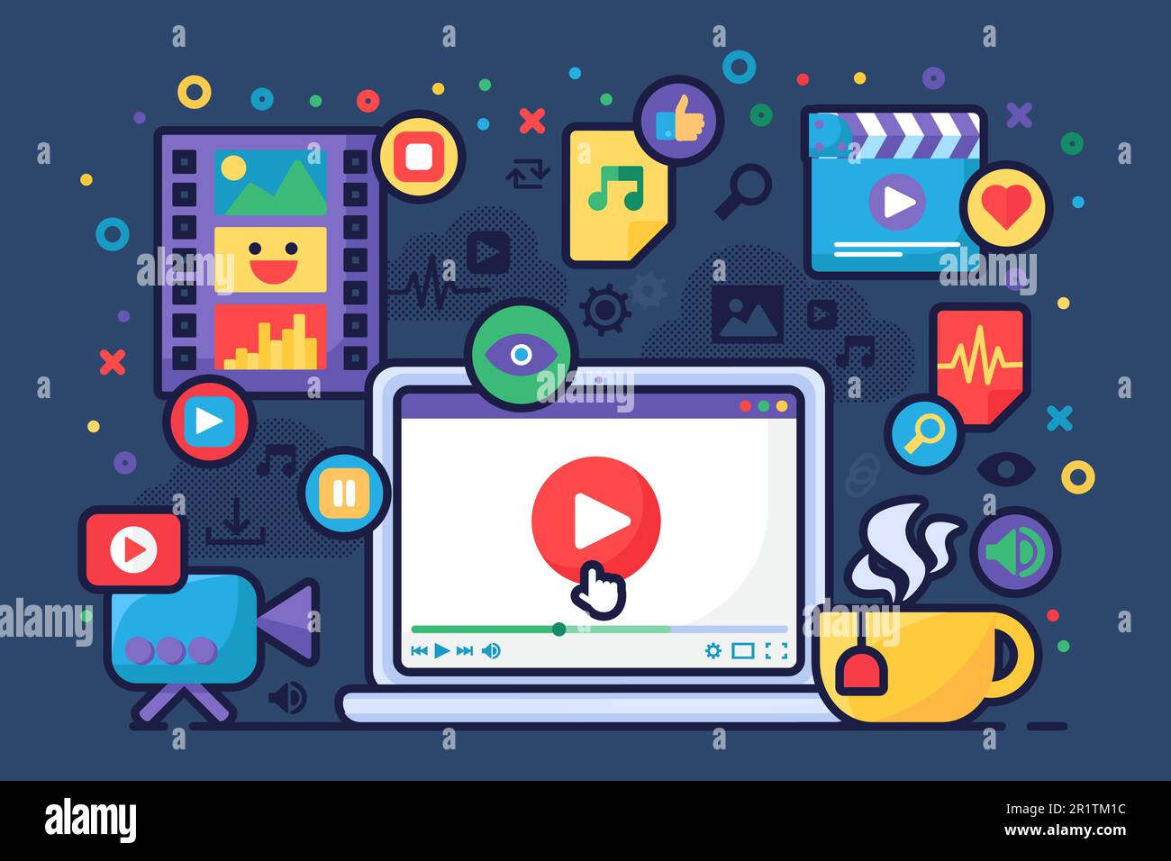 Home movie night, cinema rest illustration. Media leisure infographic ...