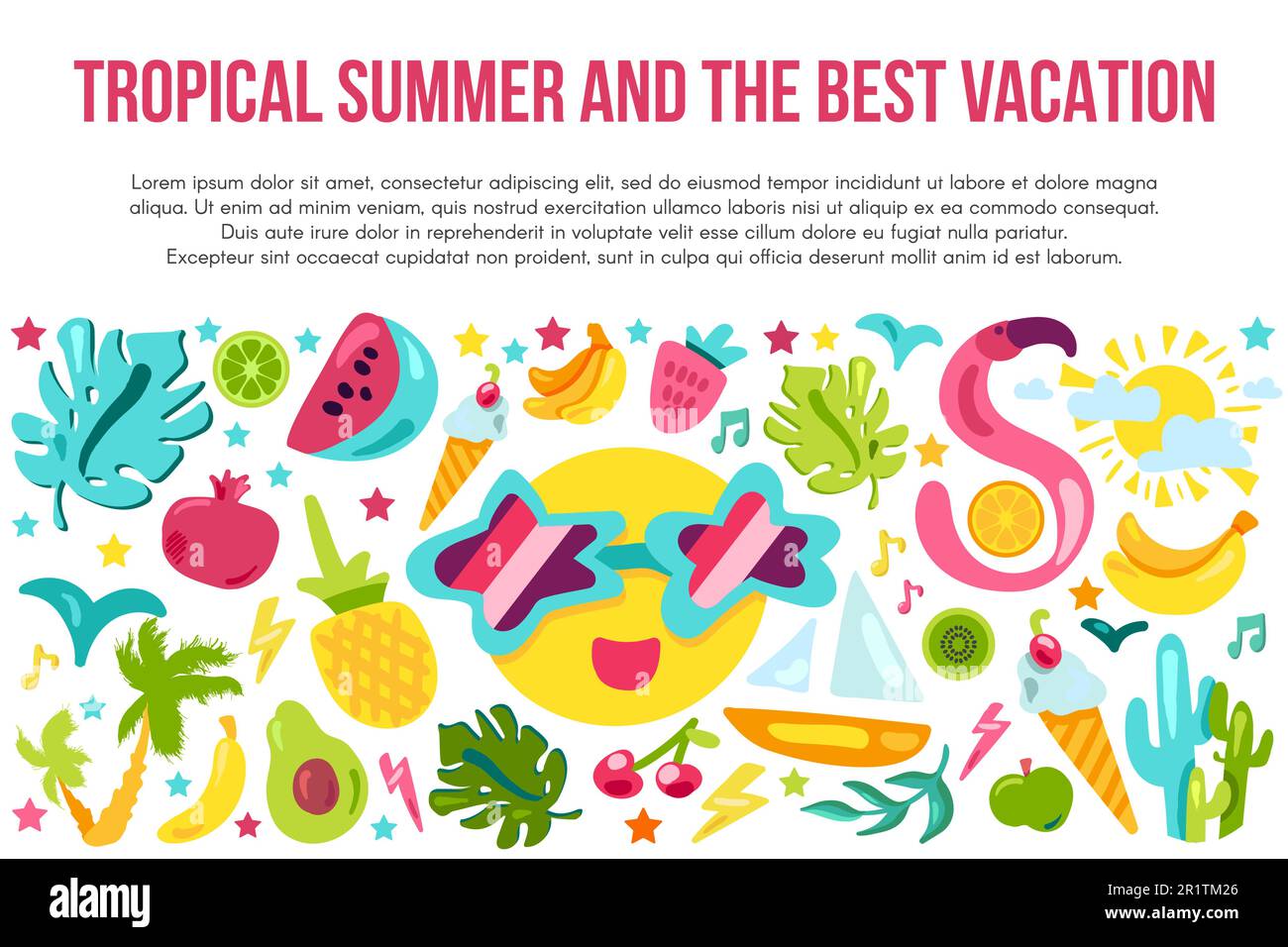 Summer vacation flat banner template. Tropical summer poster with text ...