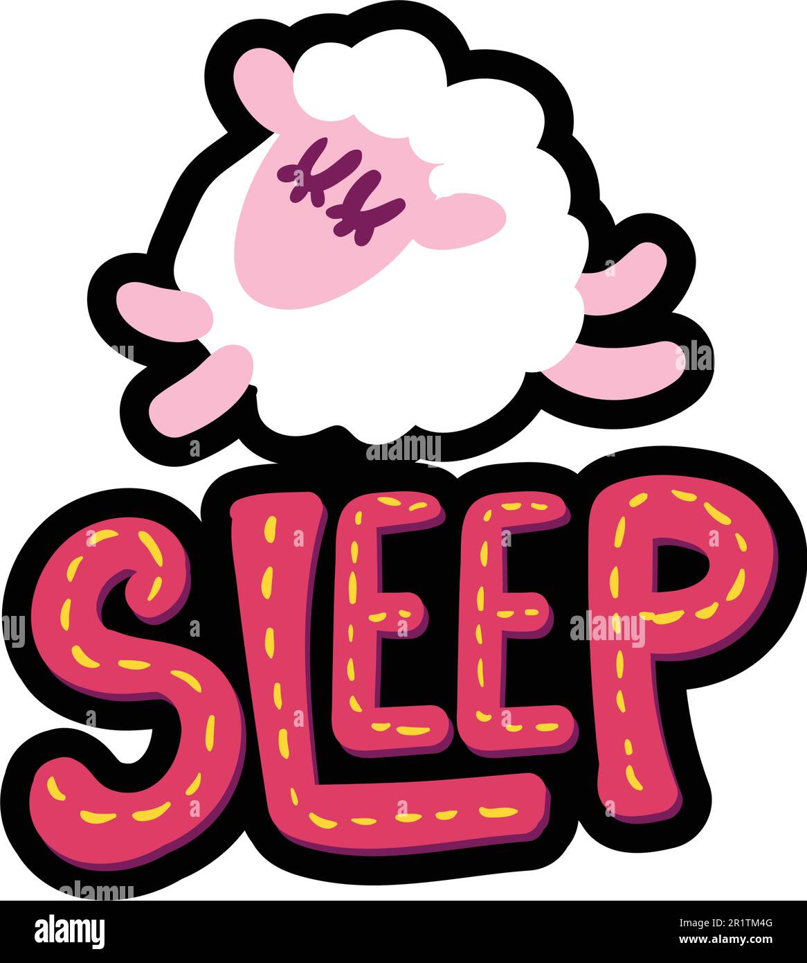 Sheep stitched frame illustration. Sleep lettering flat sticker. Dash ...