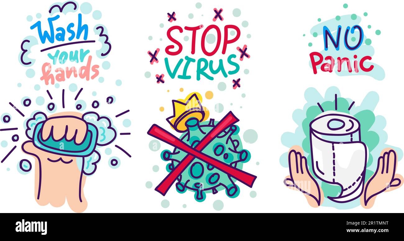Virus protection stickers. Cartoons badges with washing hand by soap ...
