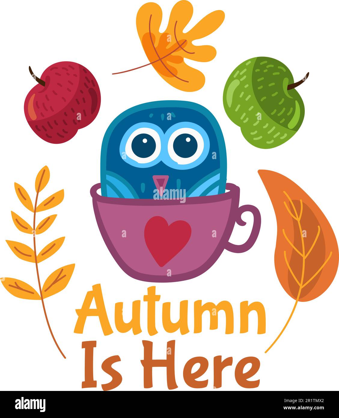 Funny autumn sticker with cartoon owl, fruits and yellow leaves on ...