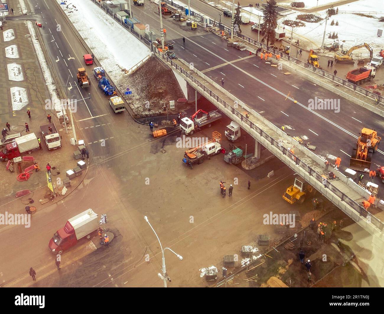 construction of a new bridge in the city center, view from above ...