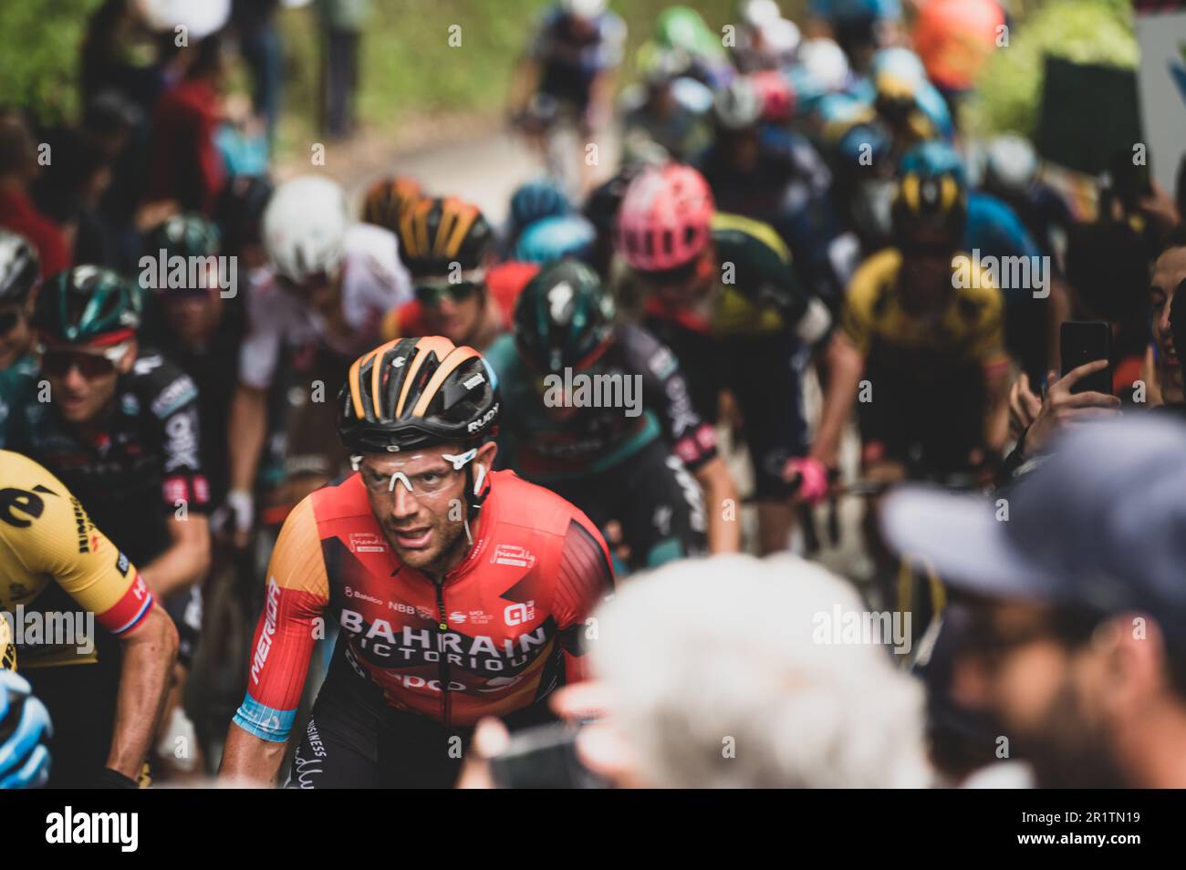 Italy, May 13, 2023: professional cyclists face the eighth stage of the ...