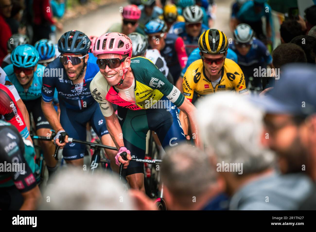 Italy, May 13, 2023: professional cyclists face the eighth stage of the ...