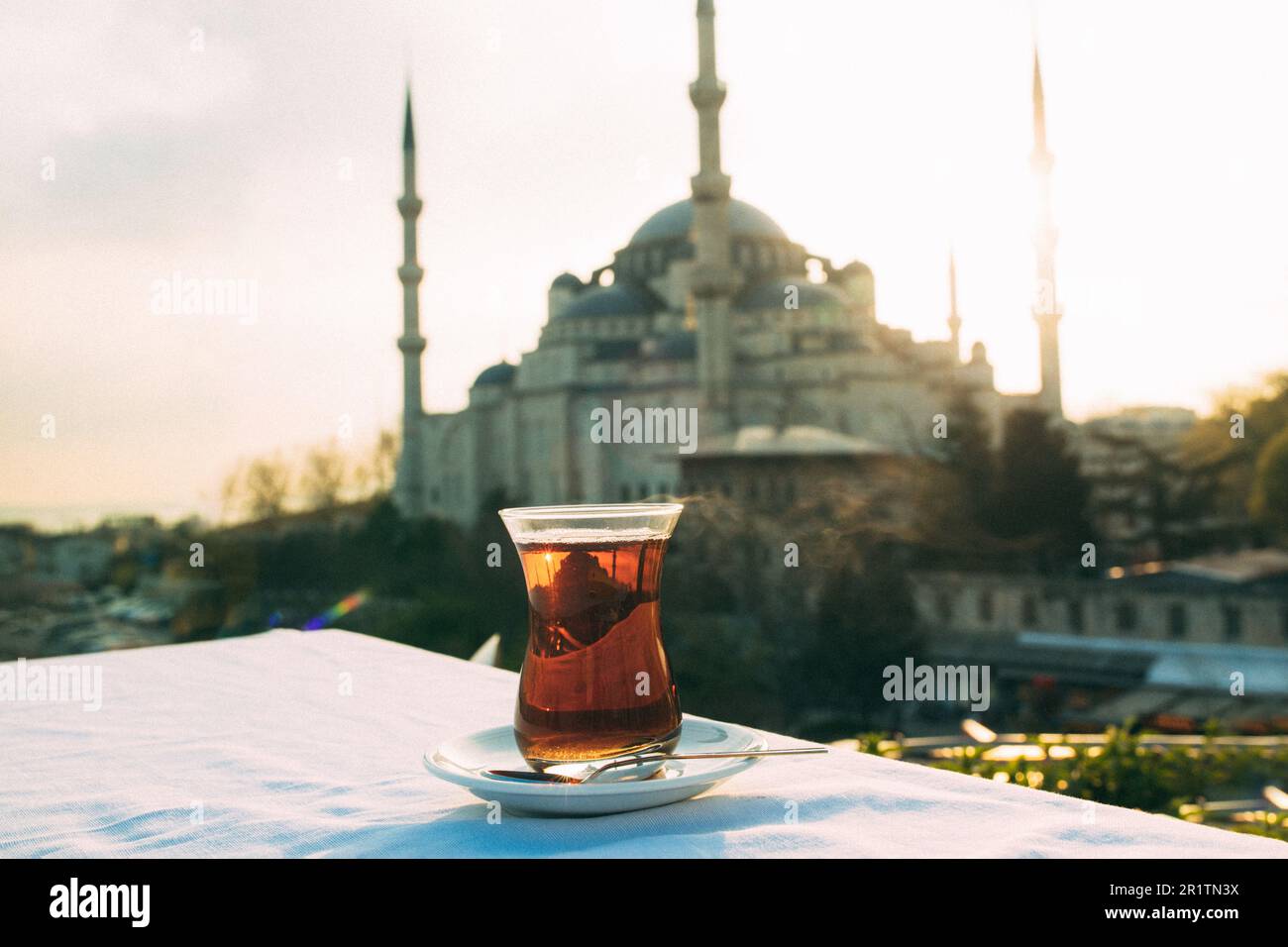 A glass of Turkish tea on the background of Hagia Sophia in Istanbul ...