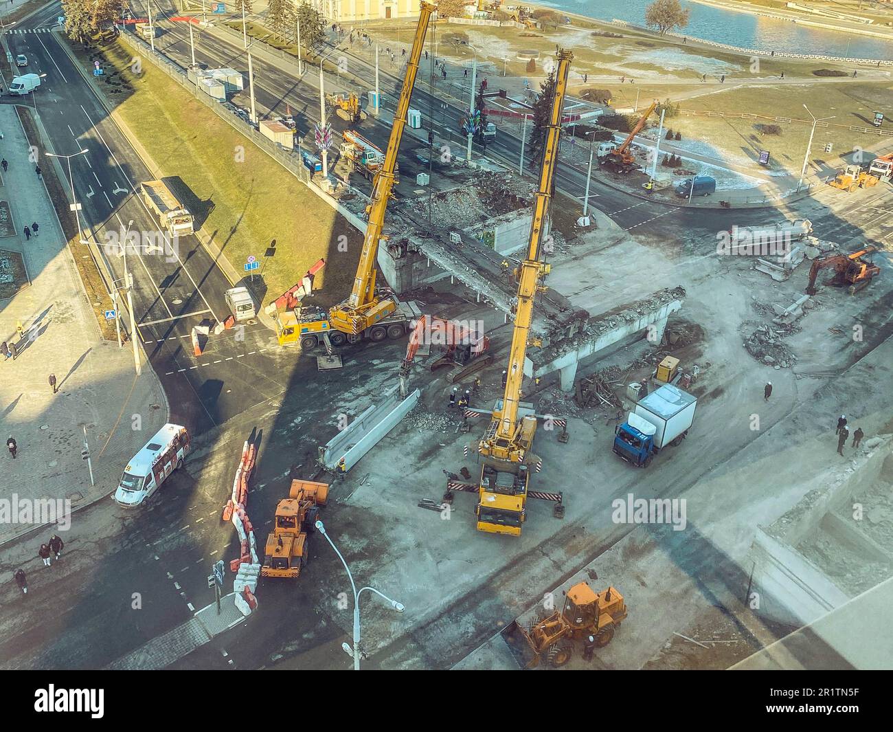 construction of a new bridge in the city center. concrete overpass ...
