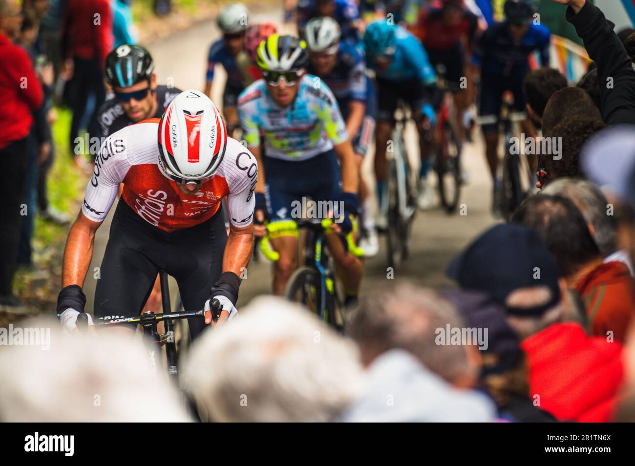 Italy, May 13, 2023: professional cyclists face the eighth stage of the ...