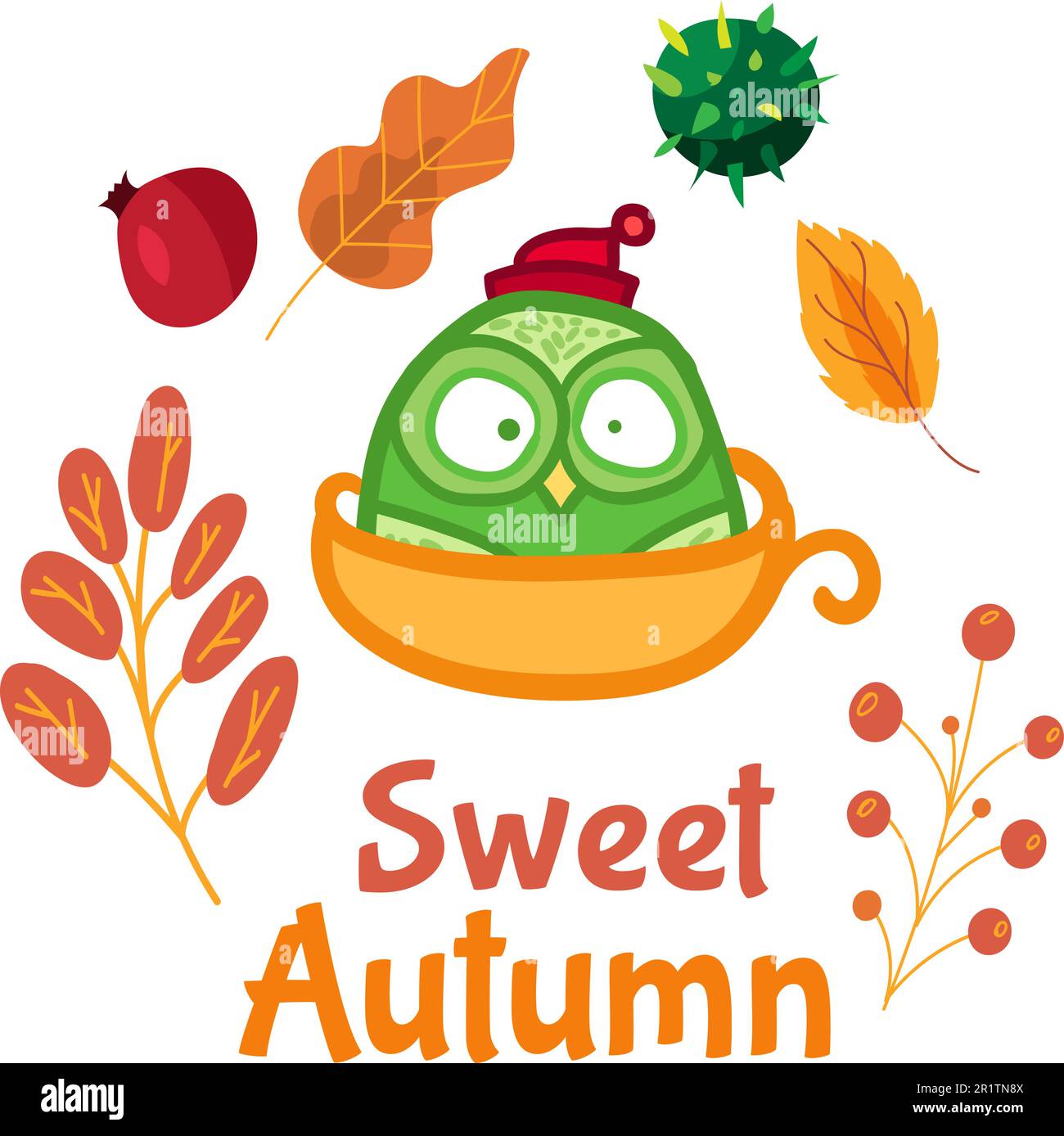 Sweet autumn sticker with cute owl in cup over colorful leaves ...