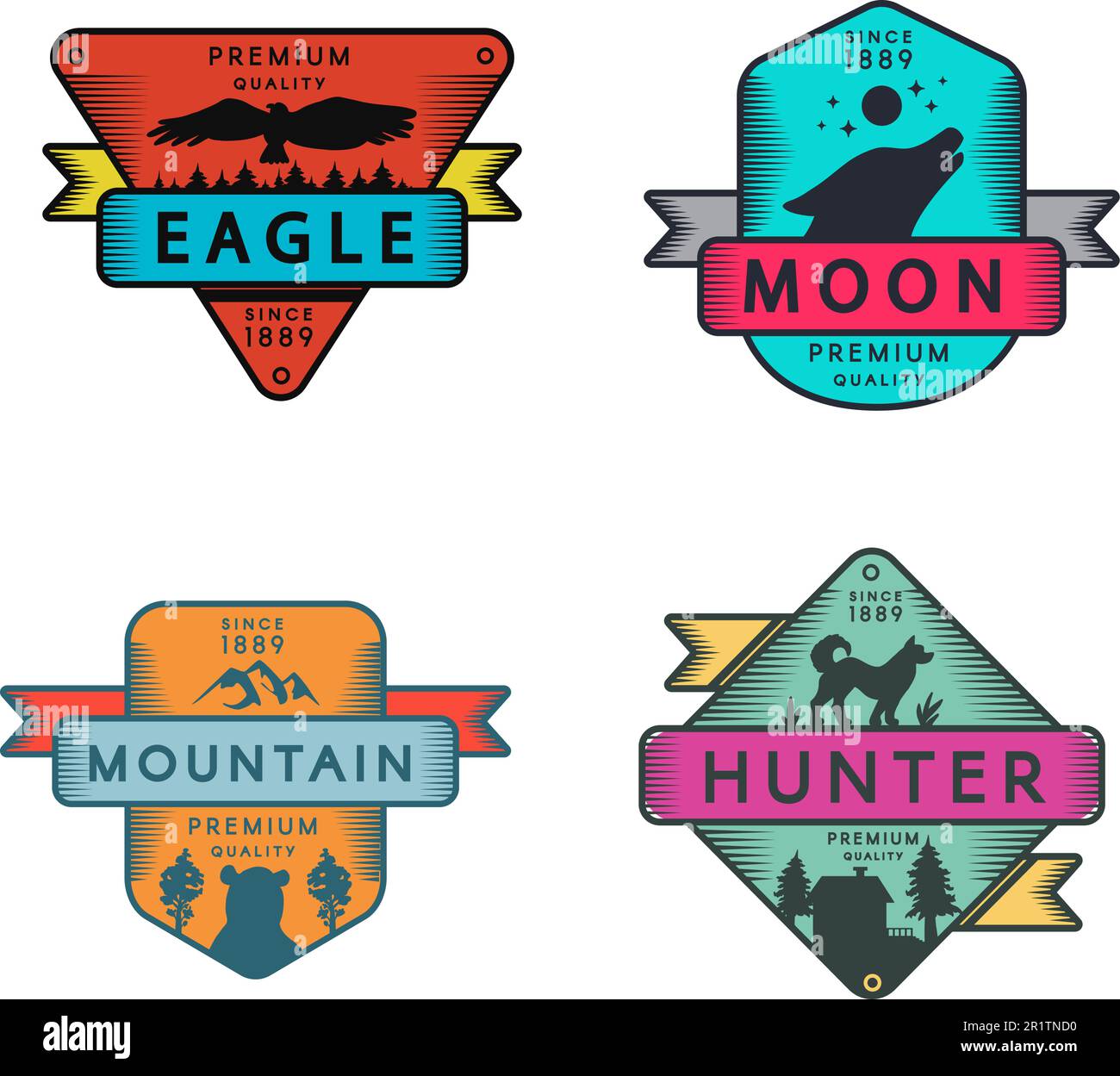 Eagle and Mountain, Moon and Hunter Badges Set Logo. Colorful ...