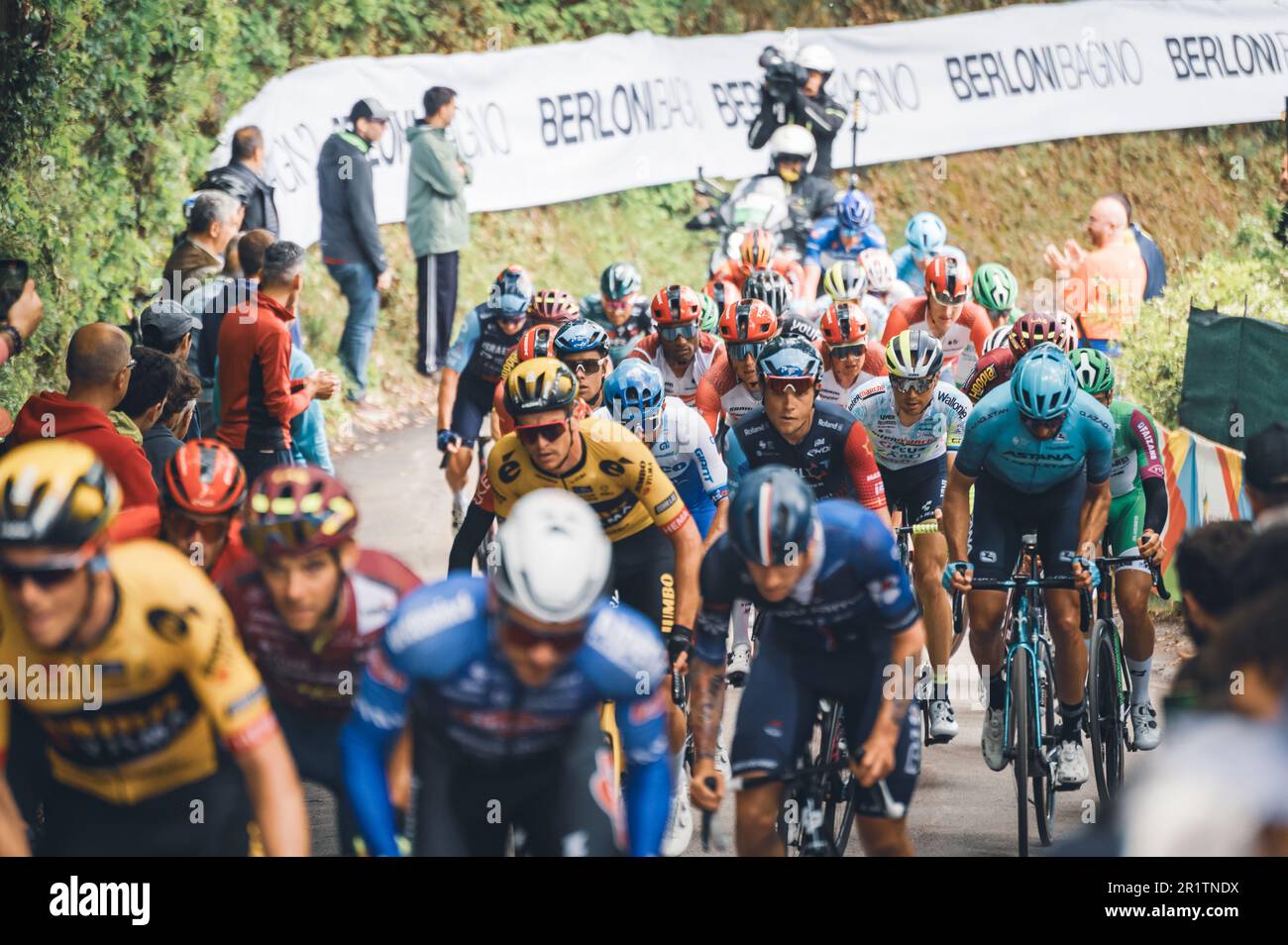 Italy, May 13, 2023: professional cyclists face the eighth stage of the ...