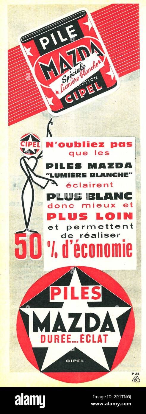 Piles Mazda Cipel, Piles Mazda battery French print ad, 1959 Stock ...