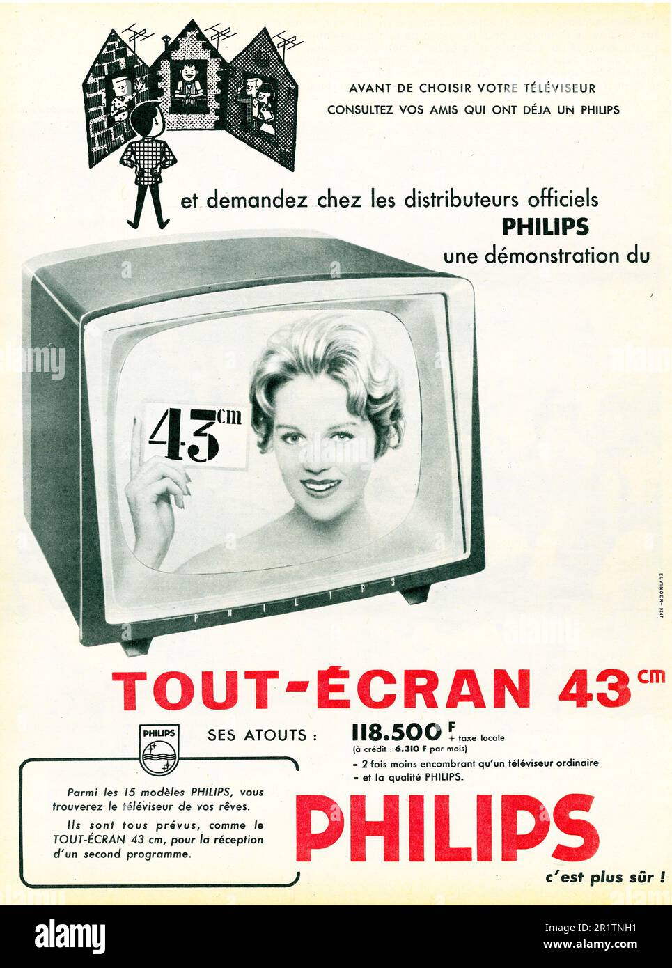 Philips TV 43, Philips tout-ecran 43, tv set French print ad,1959 Stock ...