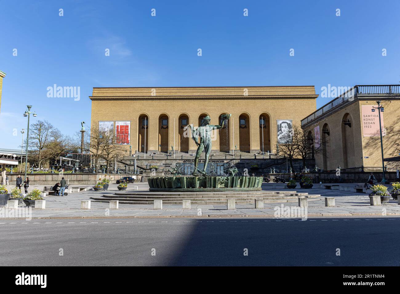 Silhouette of Poseidon statue by Carl Millies in Gotaplatsen in front ...